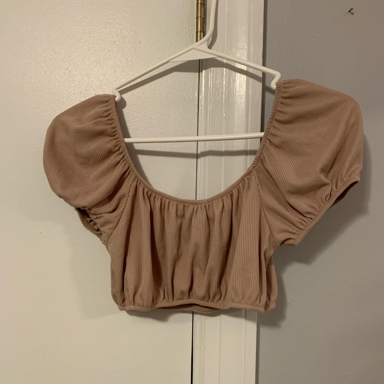 THRIFTED- light brown/tan crop top size xs puffy... - Depop