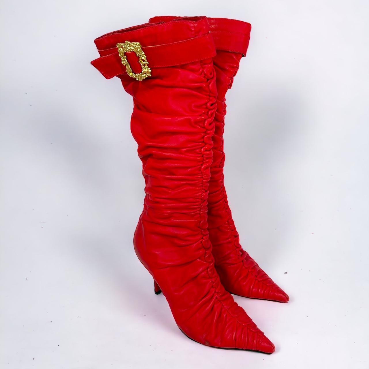 Red Knee high boot Red scrunch point toe boots with... - Depop