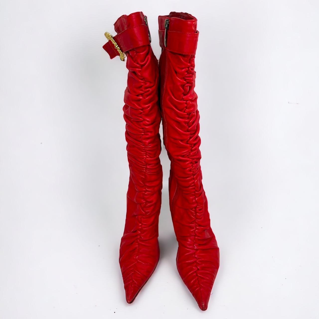 Red Knee high boot Red scrunch point toe boots with... - Depop