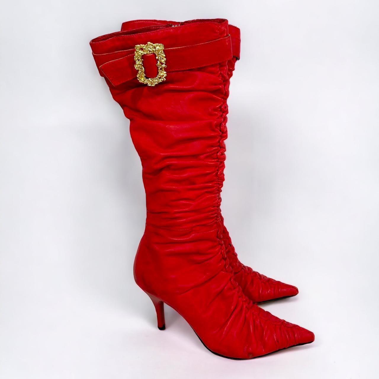 Red Knee high boot Red scrunch point toe boots with... - Depop