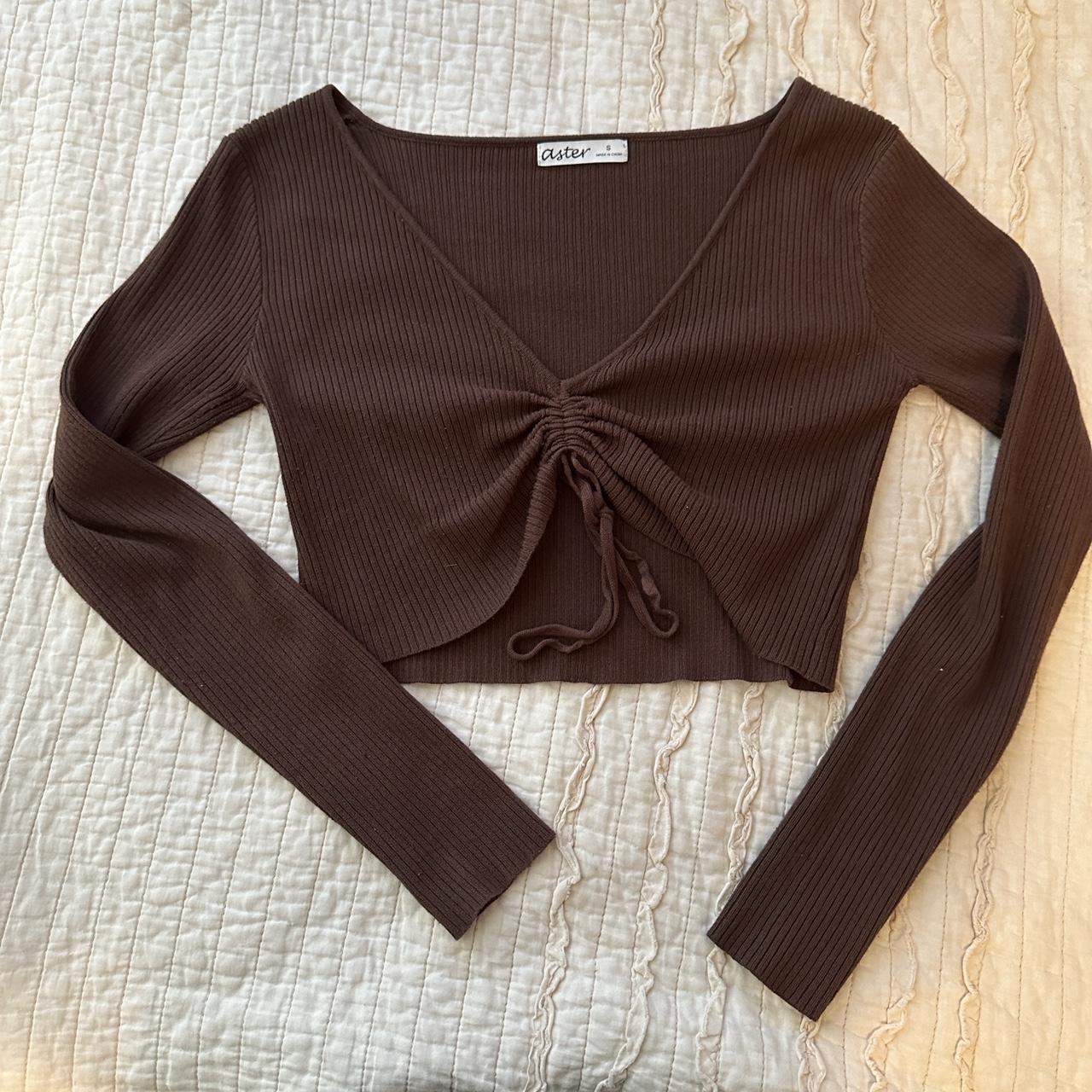 brown scrunch long sleeve top adjustable to be... - Depop