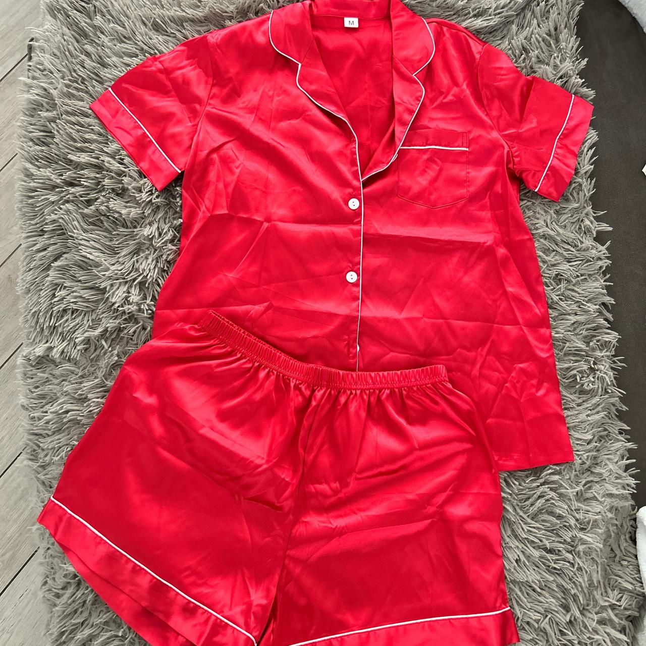 Red short sleeve button down shirt & shorts / silk... - Depop