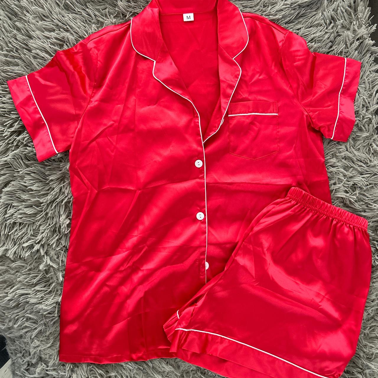 Red short sleeve button down shirt & shorts / silk... - Depop