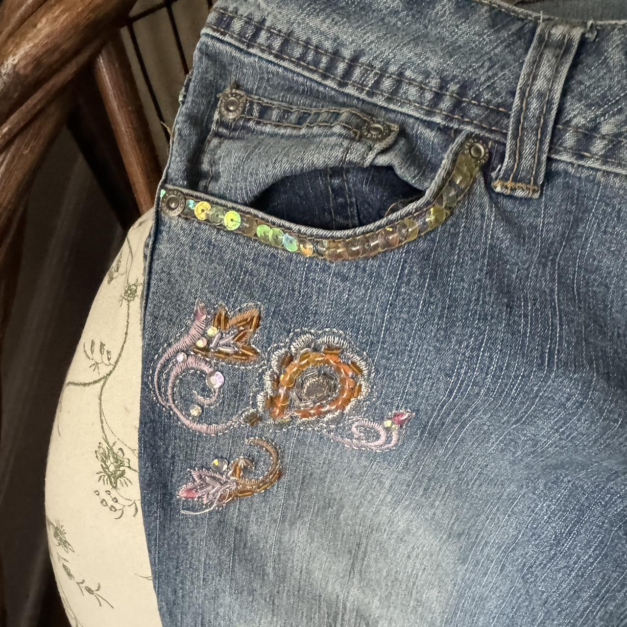 Kids size angel bootcut jeans with embroidery... - Depop