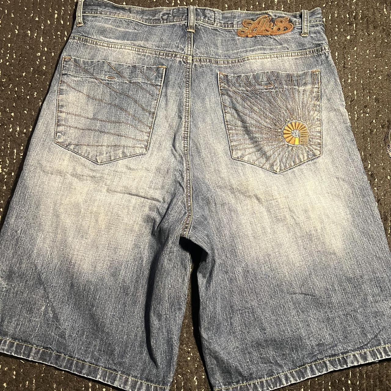 Blue and yellow vintage baggy Jorts with embroidered... - Depop