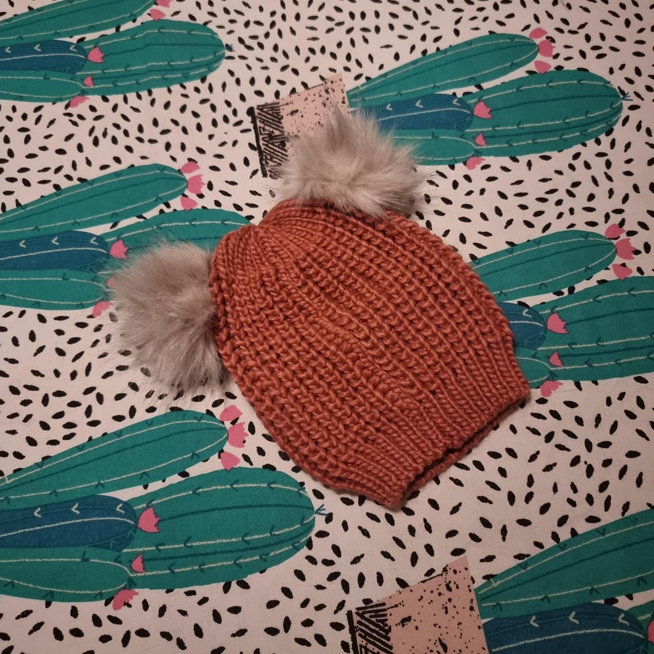 Orange fluffy wooly knitted double bobble hat - Depop