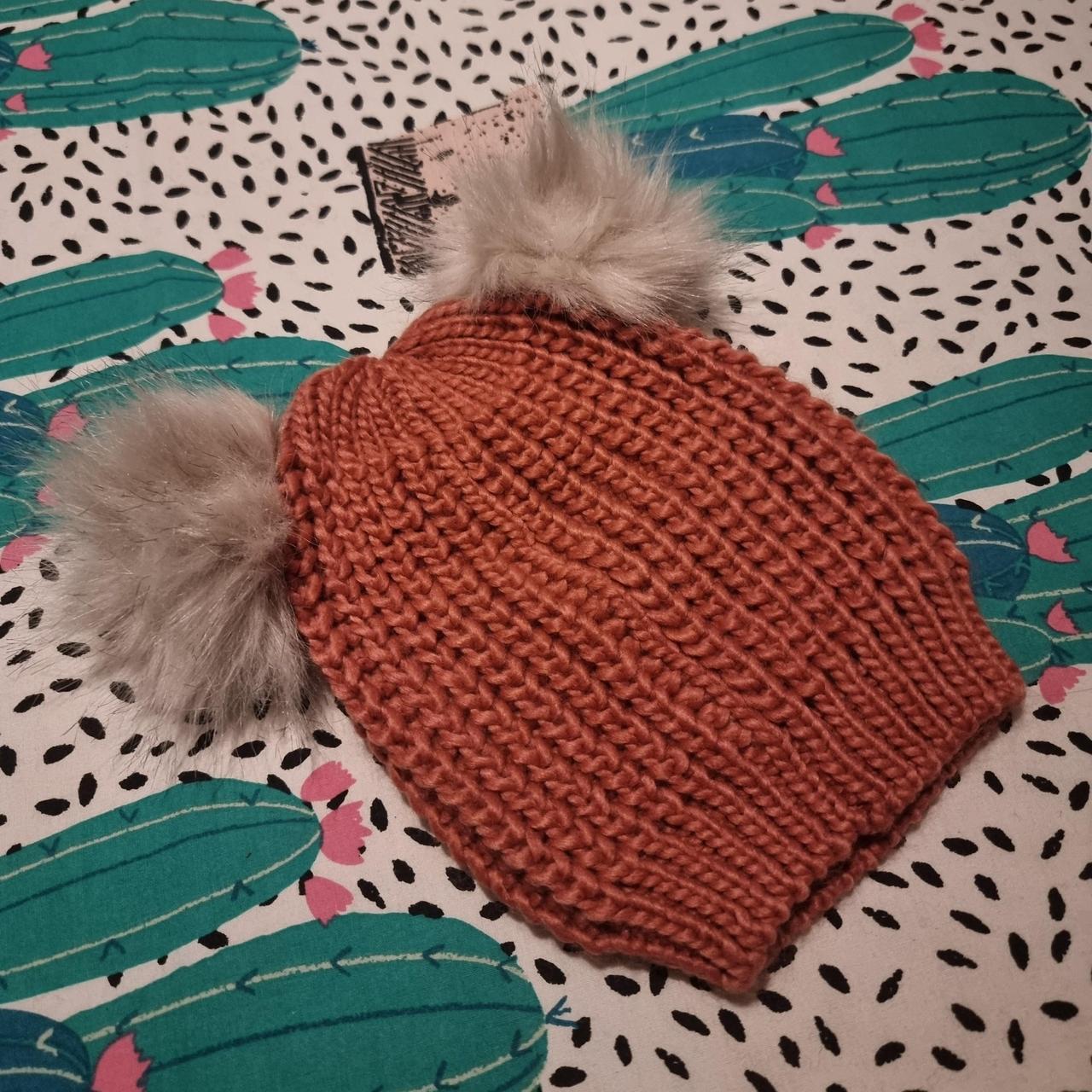 Orange fluffy wooly knitted double bobble hat - Depop
