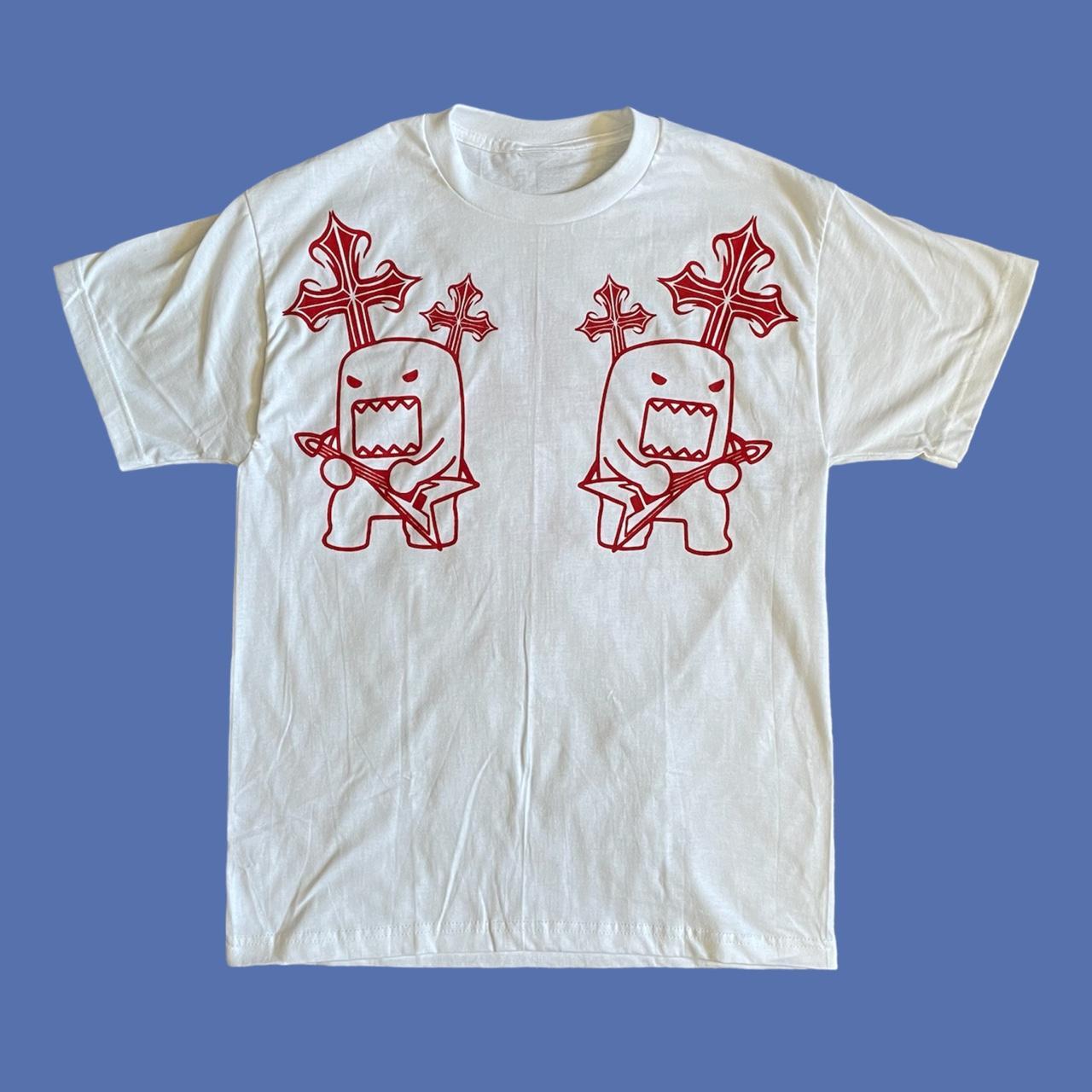 white and red graphic rockstar domo t-shirt with... - Depop