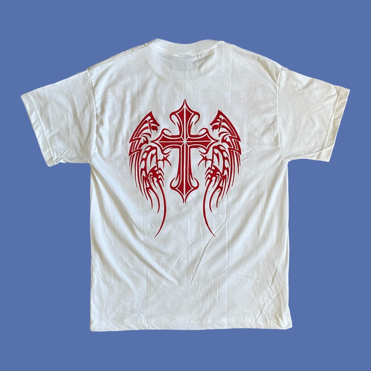 white and red graphic rockstar domo t-shirt with... - Depop