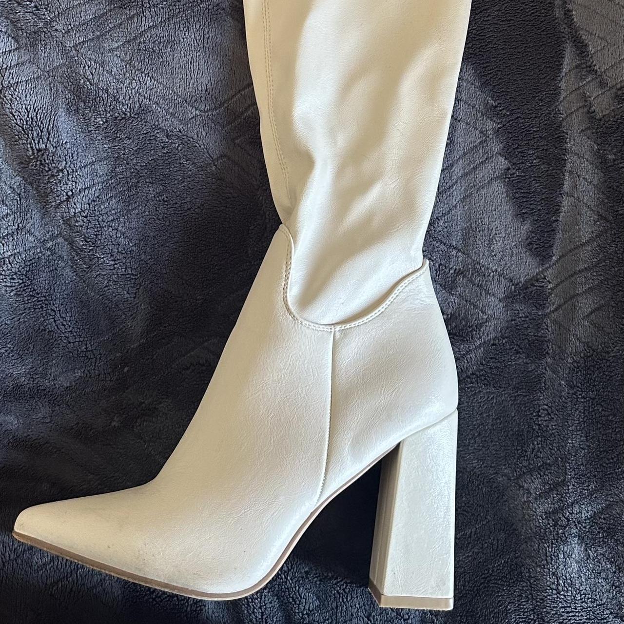 Thigh high heeled boots in cream faux leather > Worn... - Depop