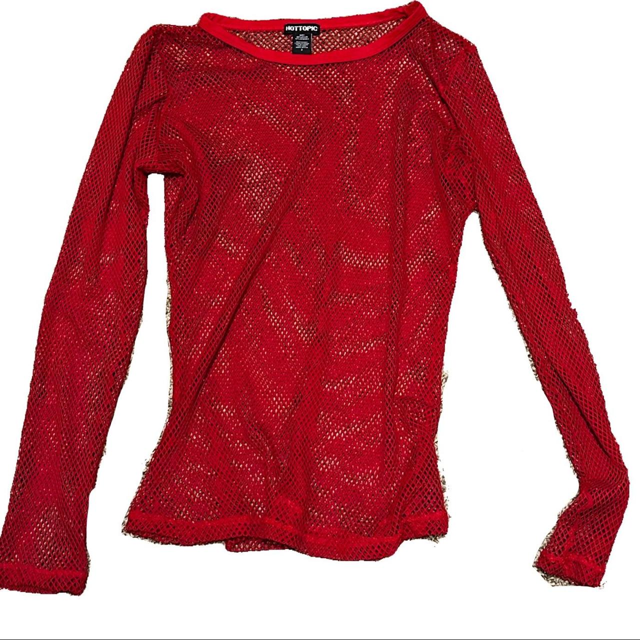Hot Topic Red Fishnet Girl’s Long Sleeve Top Worn a... - Depop