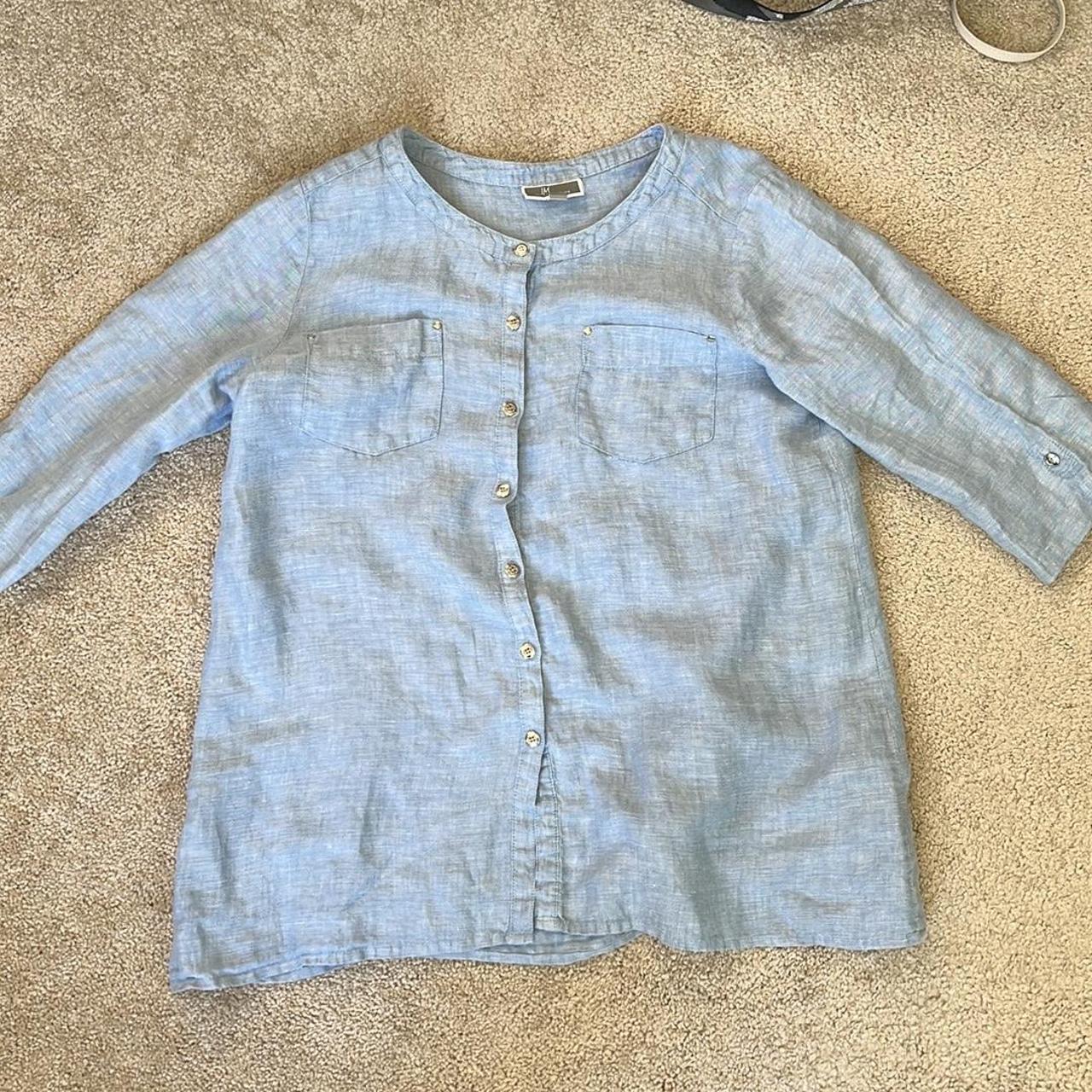 JM Collection Blue linen button down blouse Size 10P... - Depop