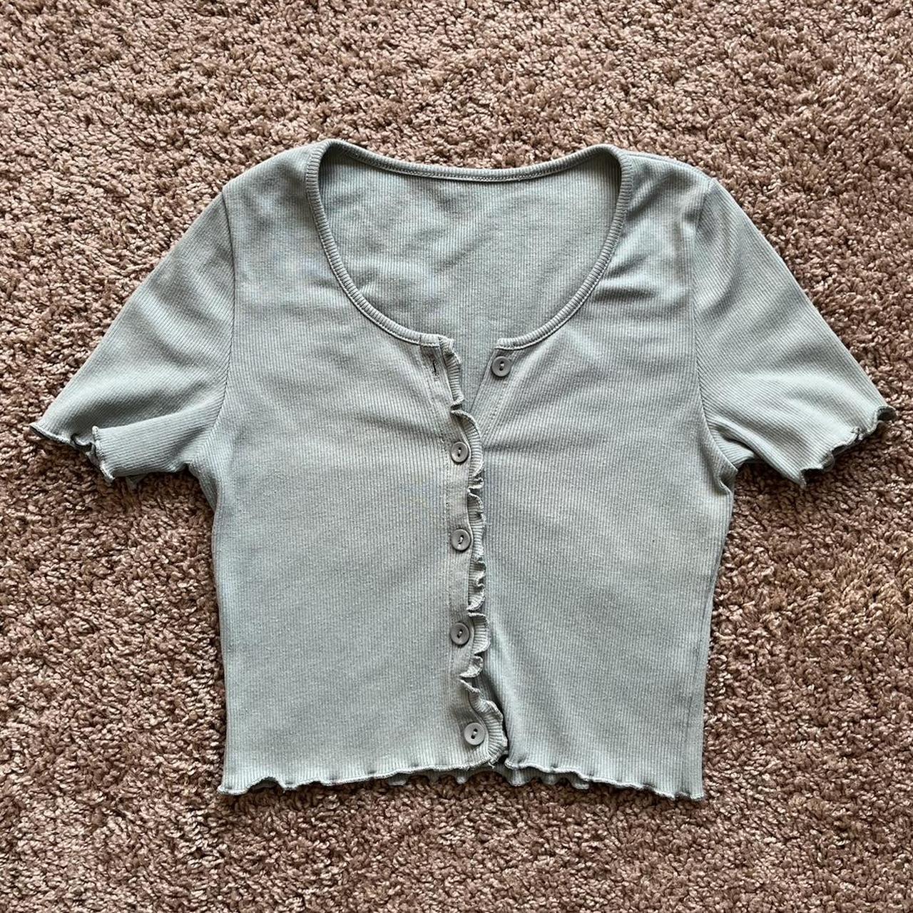 Cute green crop top! Button down Frilly detail... - Depop