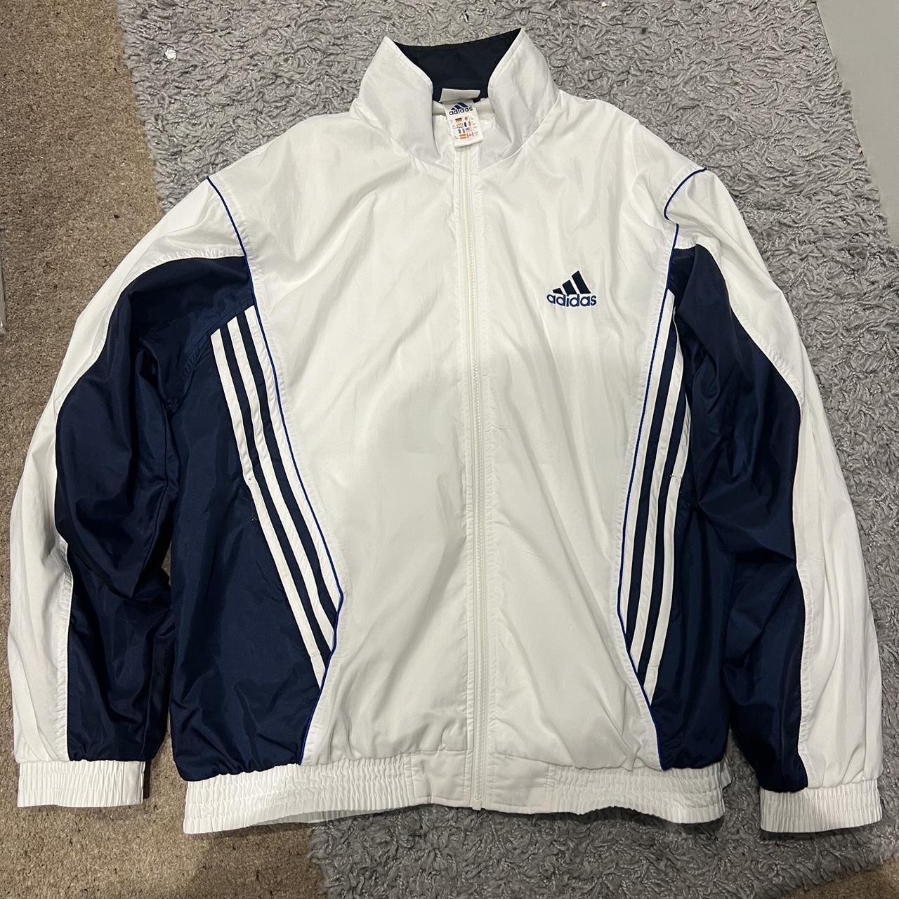 Adidas White and Navy Windbreaker Jacket. Size... - Depop