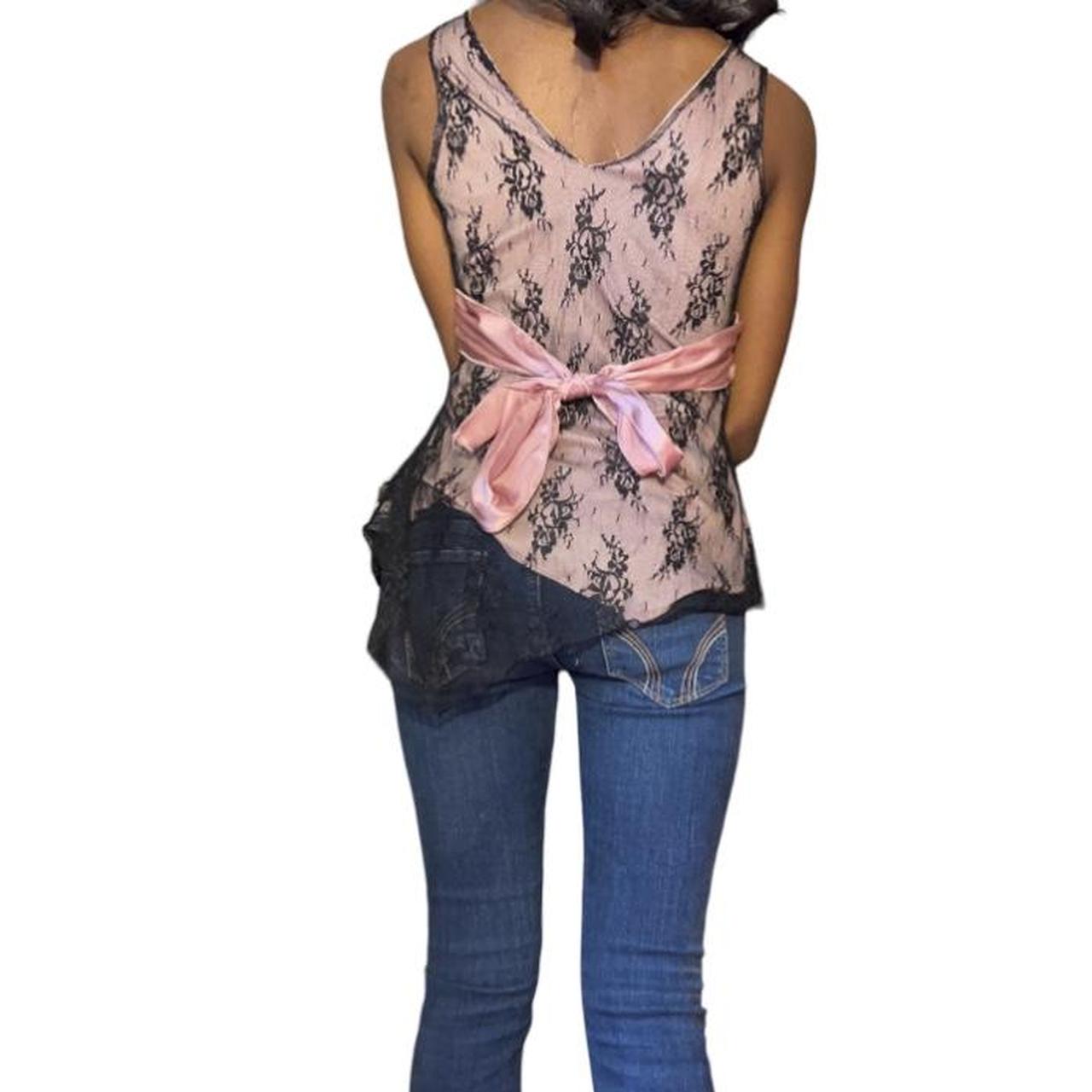 Early 2000s asymmetricalblac lace top with pink... - Depop