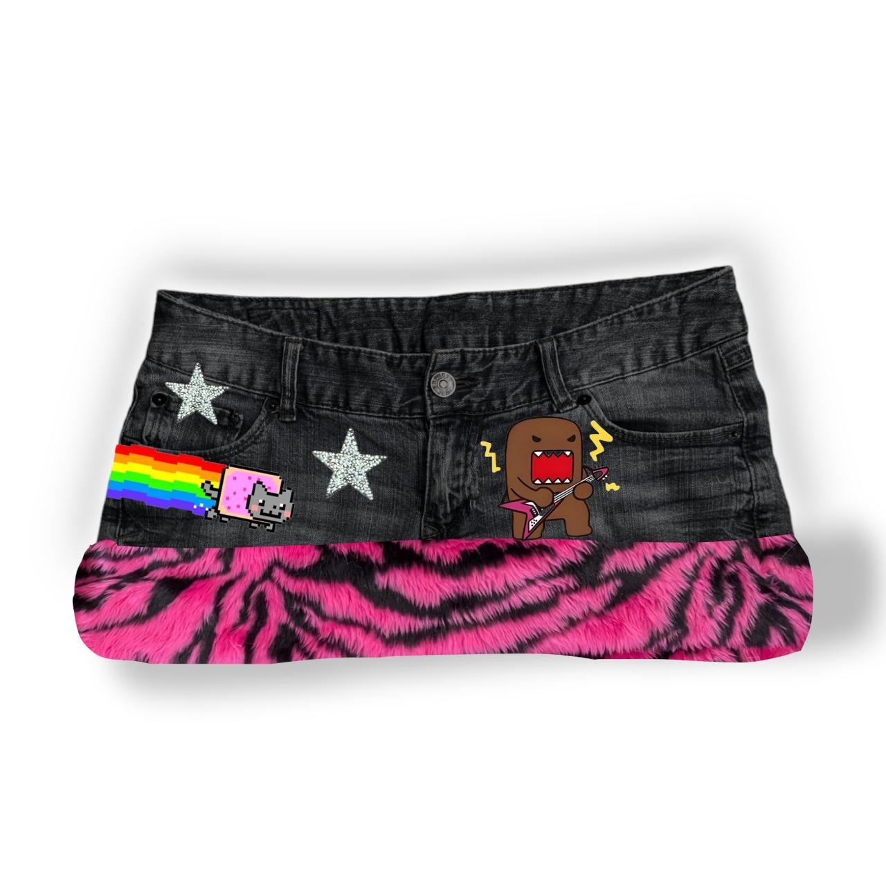 Y2K Alternative Scene Domo Zebra faux Fur Trim Denim... | Depop
