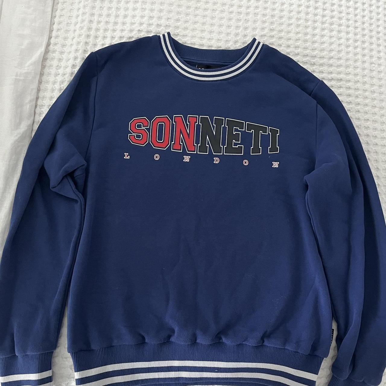 sonneti navy blue and white sweatshirt size medium... - Depop