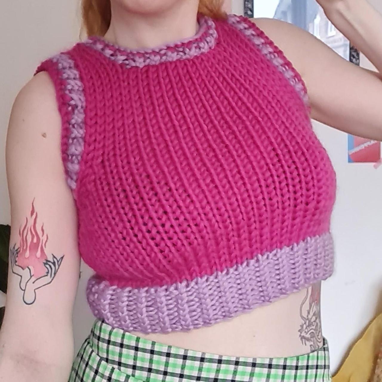 Chunky knit pink and purple cropped vest top 💖 Hand... - Depop