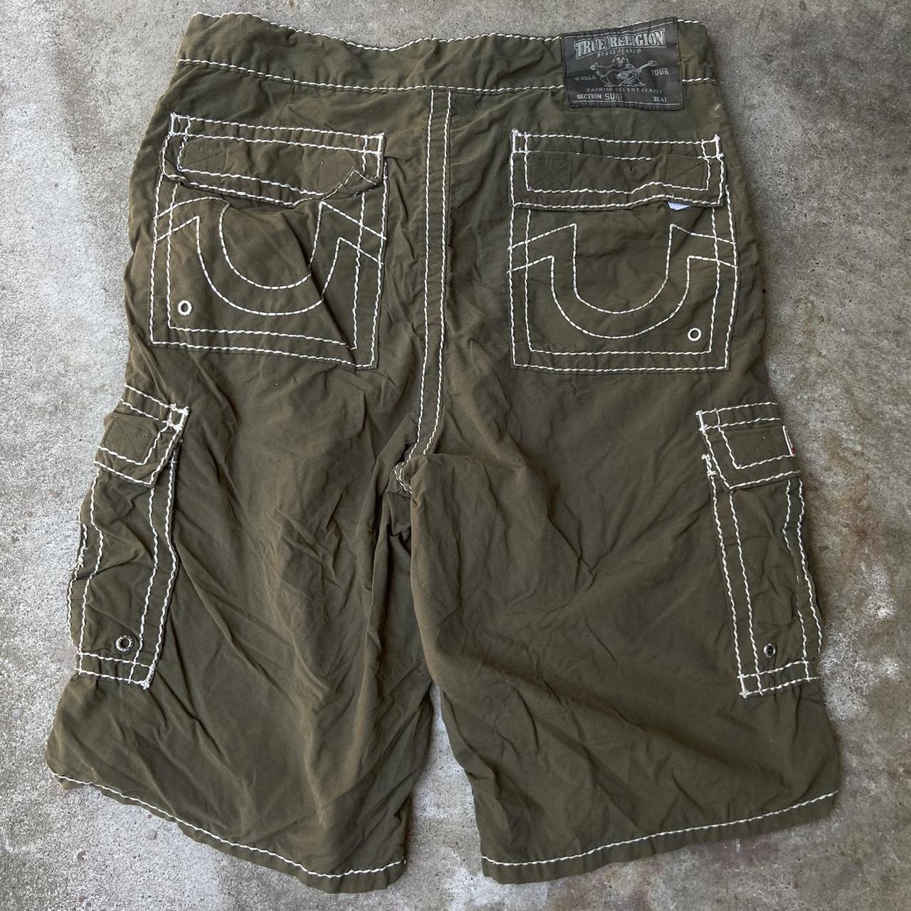 Y2k True Religion green and white cargo shorts -... - Depop
