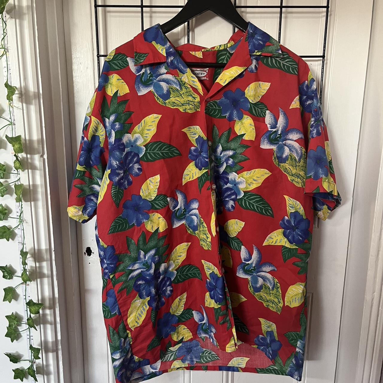 Red floral Hawaiian button up shirt Size... - Depop
