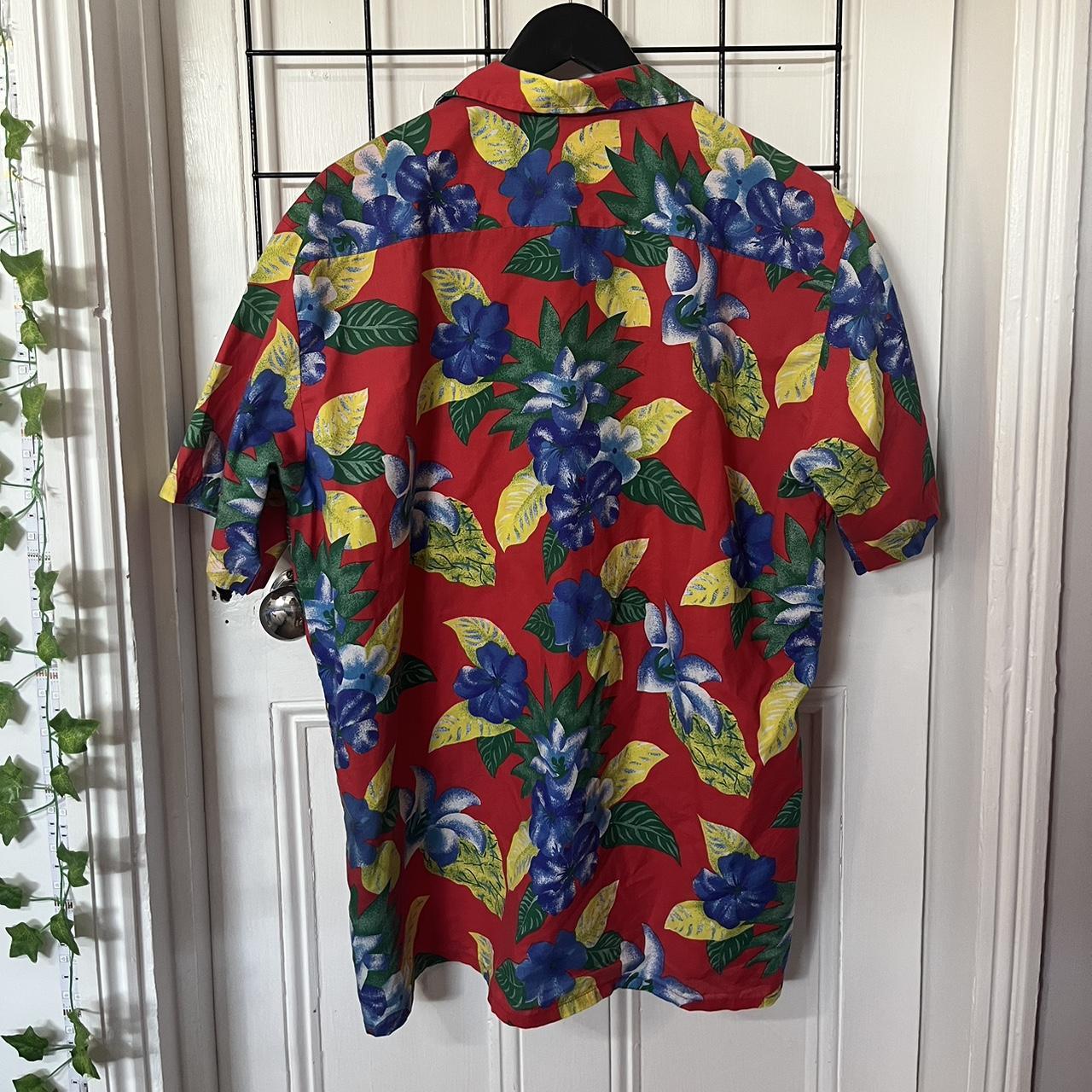 Red floral Hawaiian button up shirt Size... - Depop