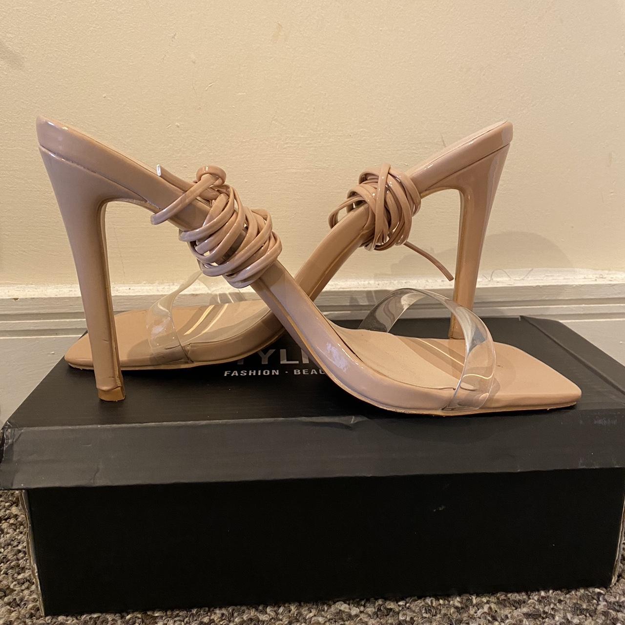 pretty little thing nude strap lace up heels size... - Depop