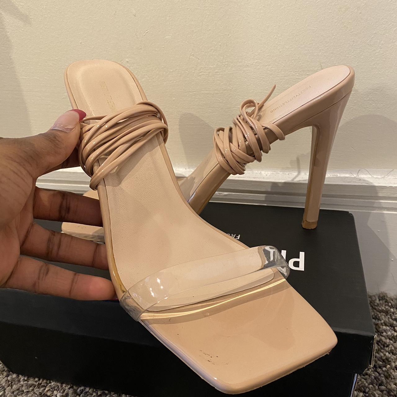 pretty little thing nude strap lace up heels size... - Depop