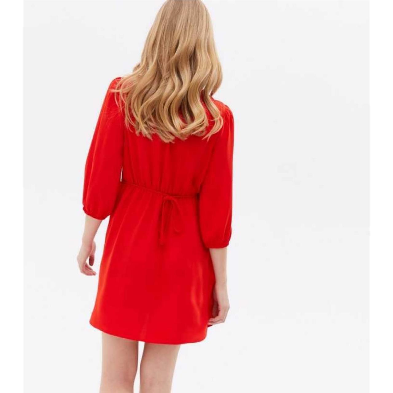 New Look Red Tie Neck Button Front Mini Shirt... - Depop