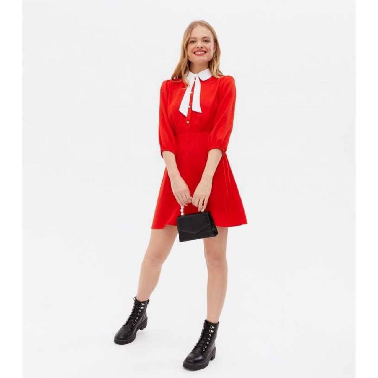 New Look Red Tie Neck Button Front Mini Shirt... - Depop