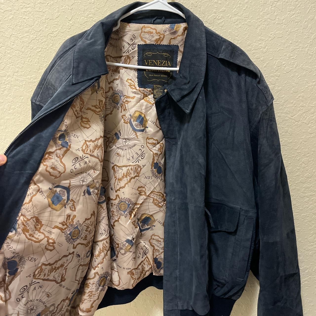 Blue leather jacket, sick map lining. No flaws.... - Depop