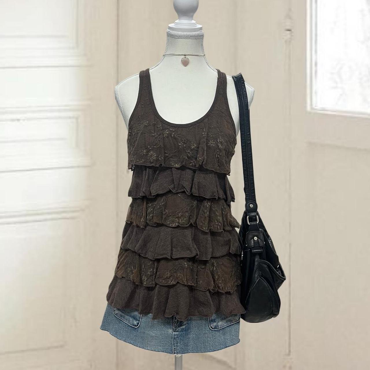 Brown lace ruffle tank top ️condition: good ️size:... | Depop