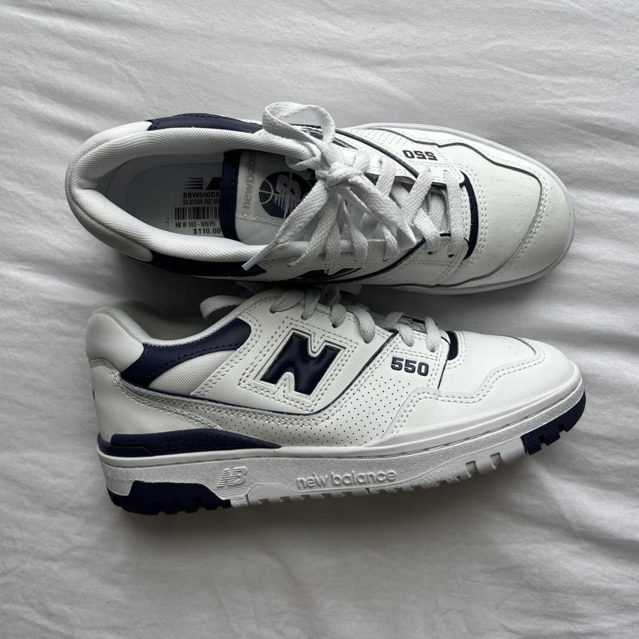 Navy blue and white women's New Balance 550's. Never... - Depop