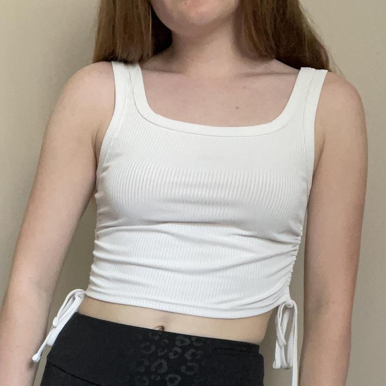 White ribbed tank with side rouche Size: S Brand:... - Depop