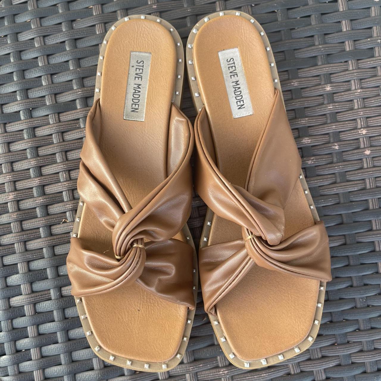 Brown strappy flat sandals with stud details Brand:... - Depop