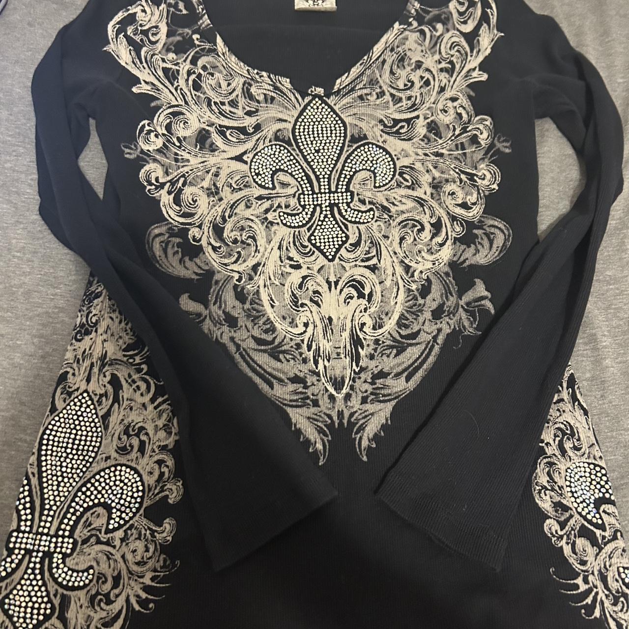 Black & white long sleeve shirt with rhinestone... | Depop