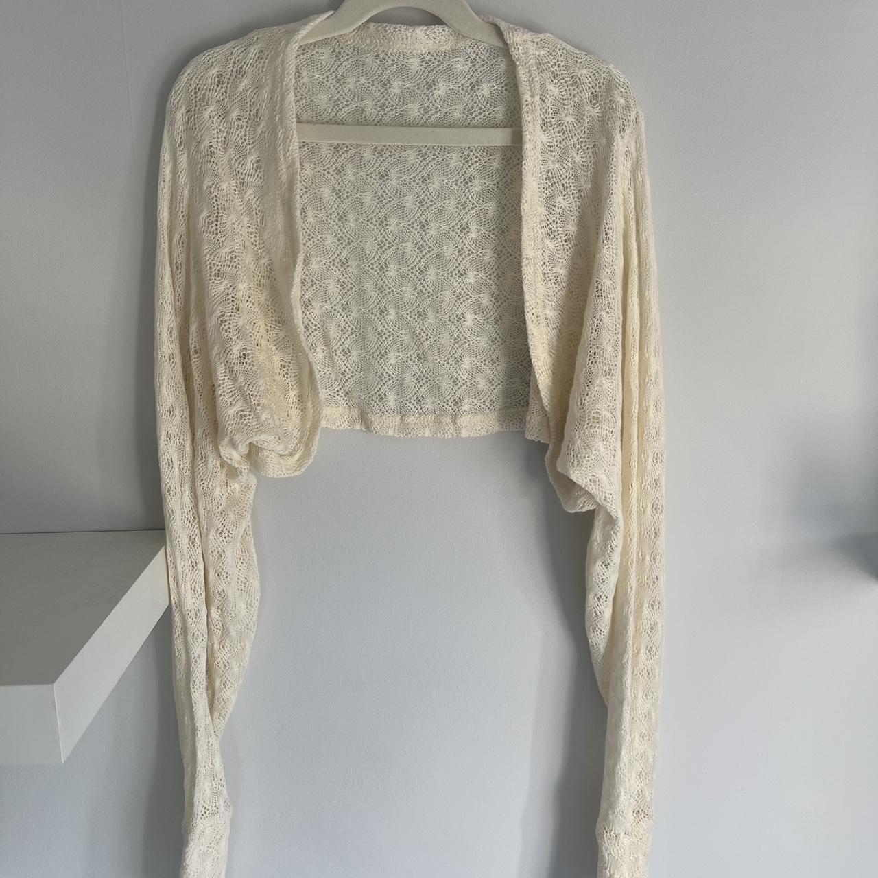 Cream cottagecore lace cropped long sleeved shrug... - Depop