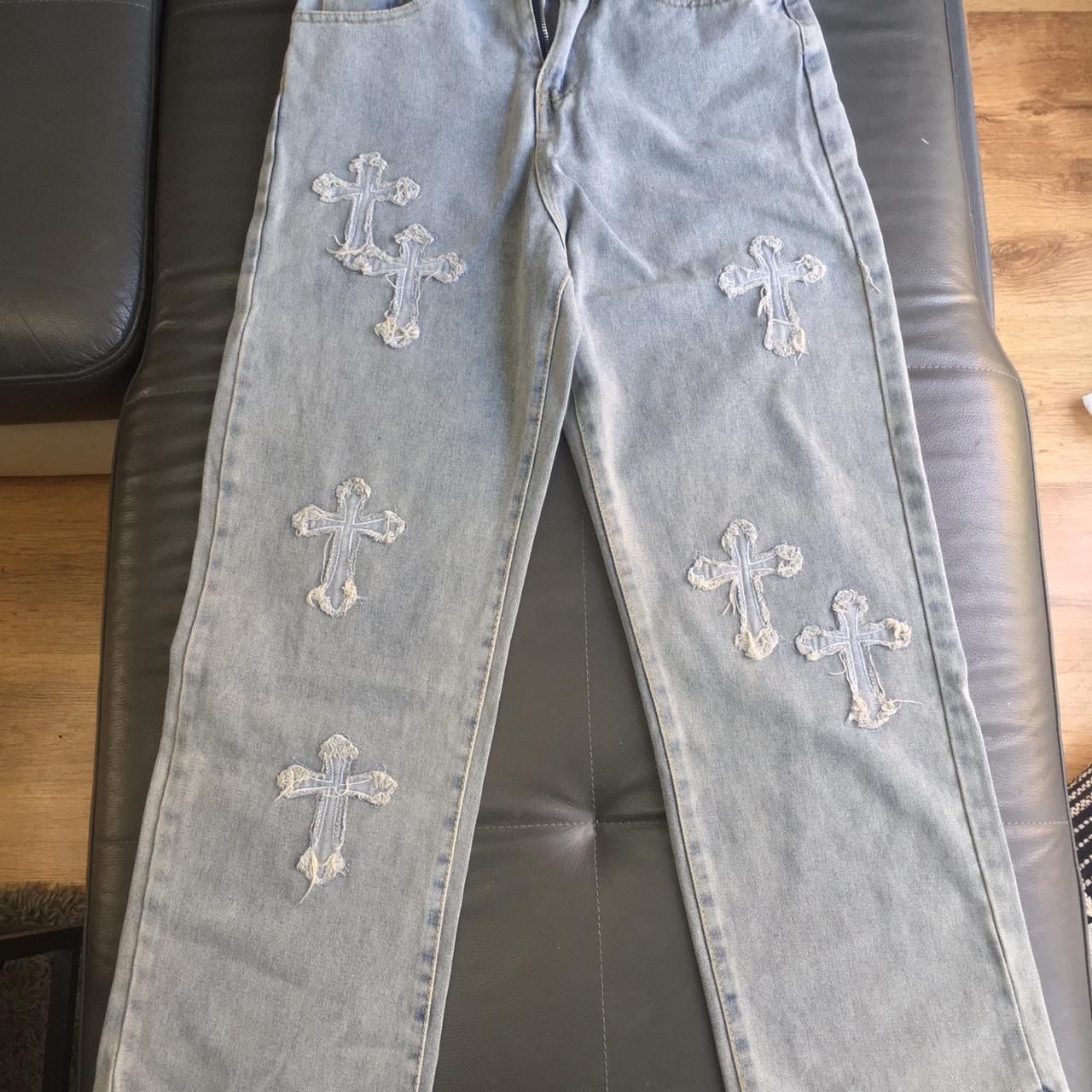 Cross pattern jeans, size S. worn once. - Depop