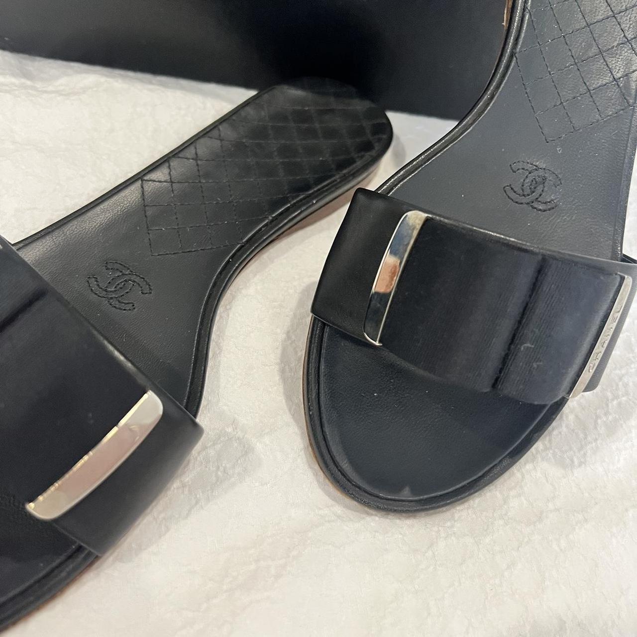 Authentic vintage Chanel black leather slides EU... - Depop