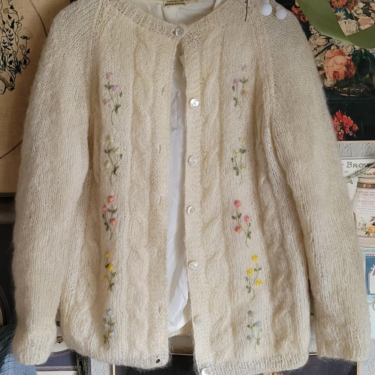 Cottage core knit cardigan with floral embroidery,... - Depop