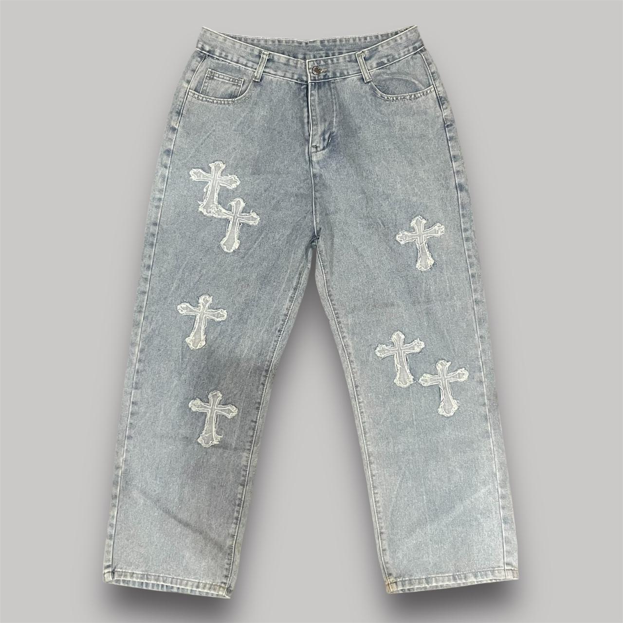 Cross Patch Denim Jeans Length: 101cm Waist:... - Depop