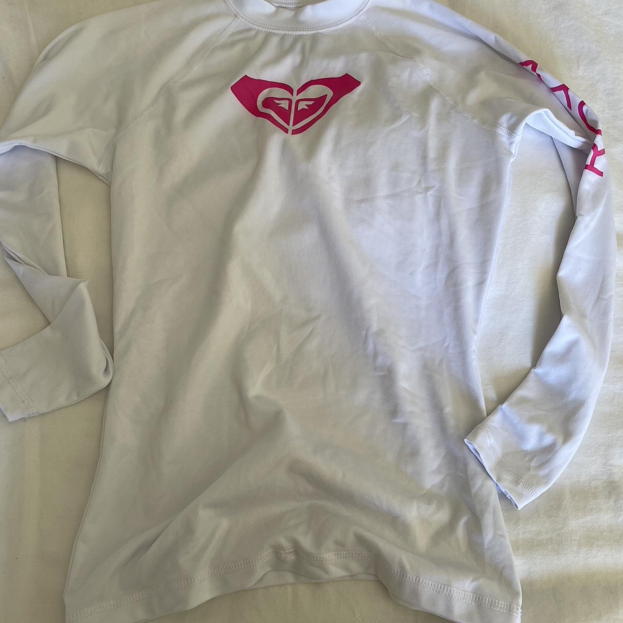 Roxy white rash guard with pink logo on front and... - Depop