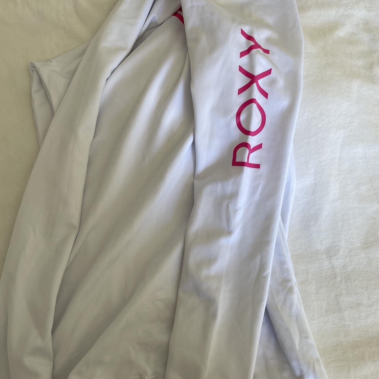 Roxy white rash guard with pink logo on front and... - Depop