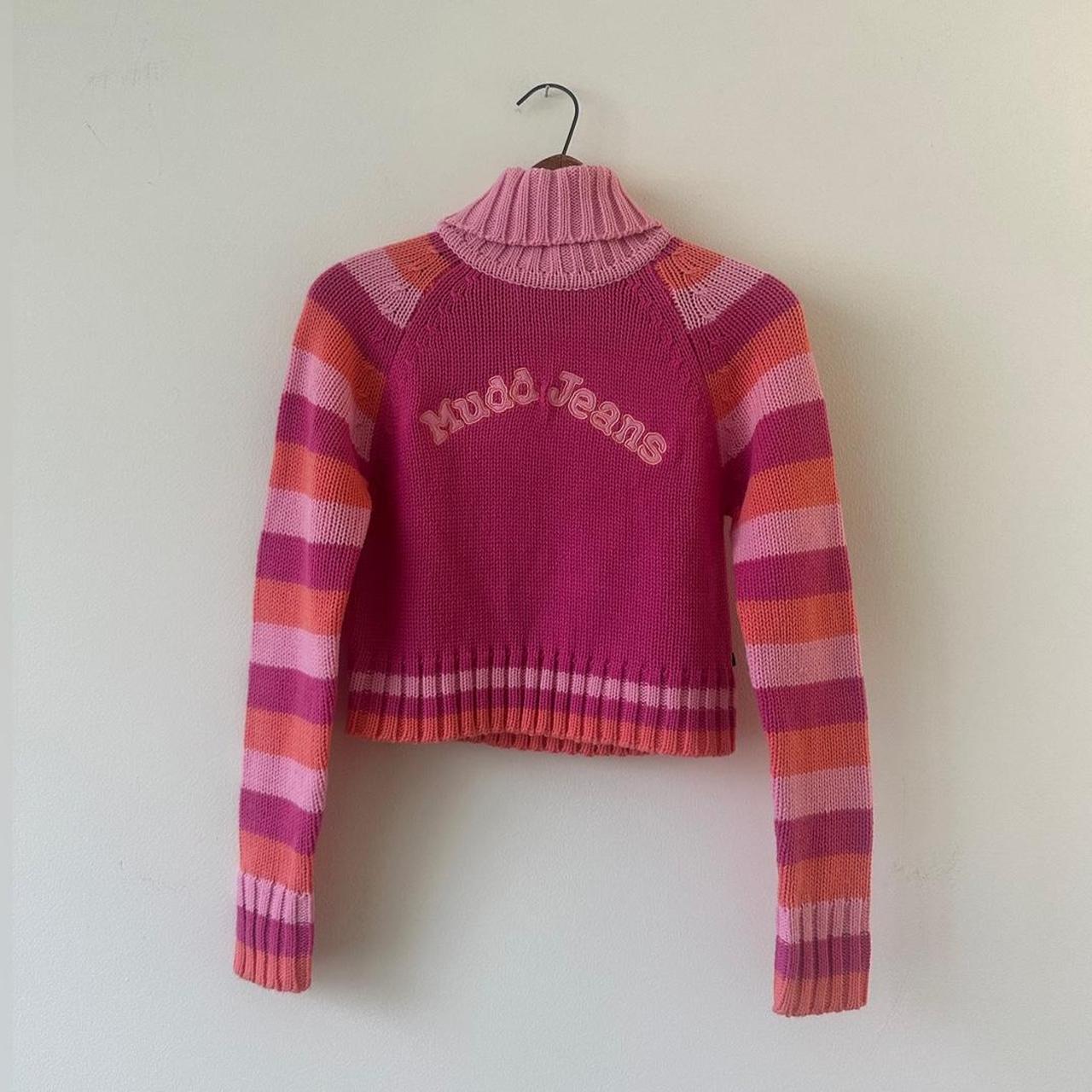Y2K Mudd Jeans pink turtleneck with striped sleeves... - Depop