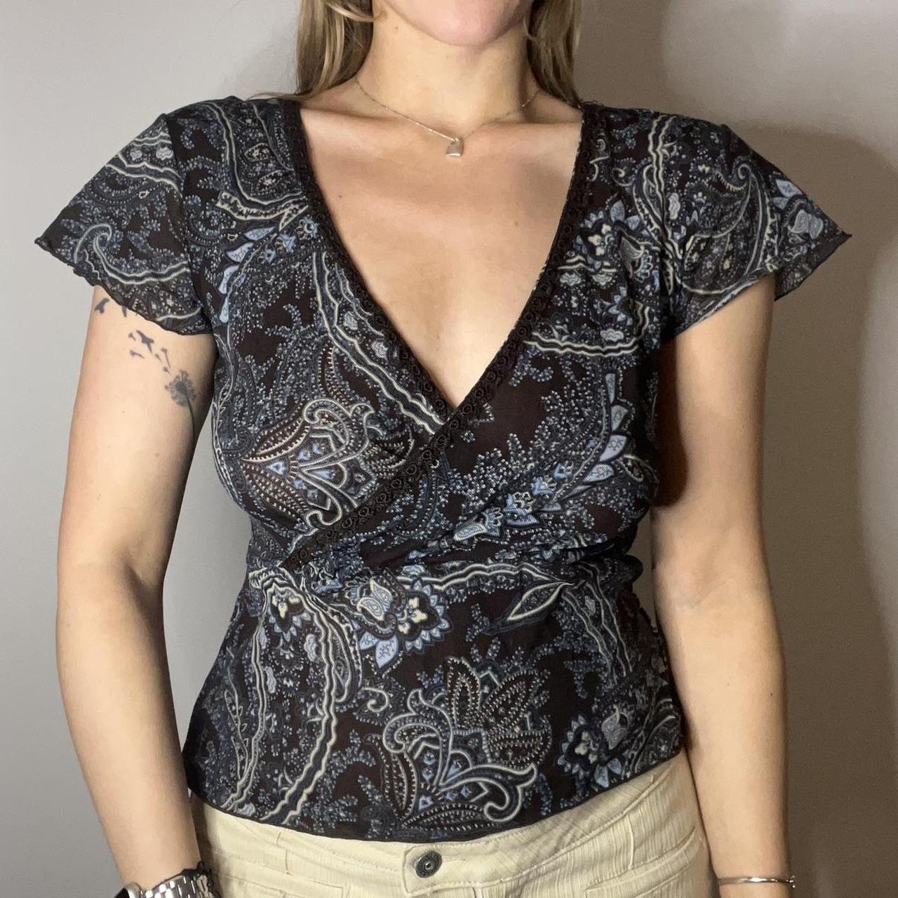 Cute mesh v neck top. Has pretty pattern and flowy... - Depop