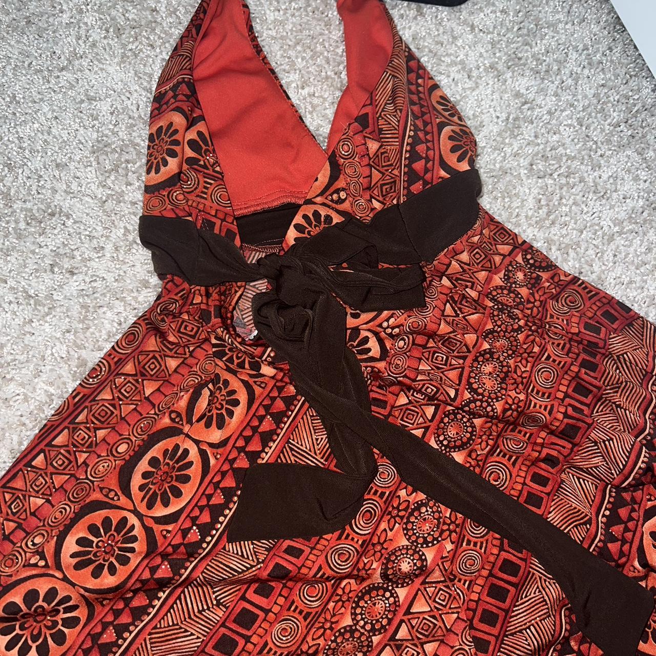 Cute red halter dress with brown detailing! Does not... - Depop