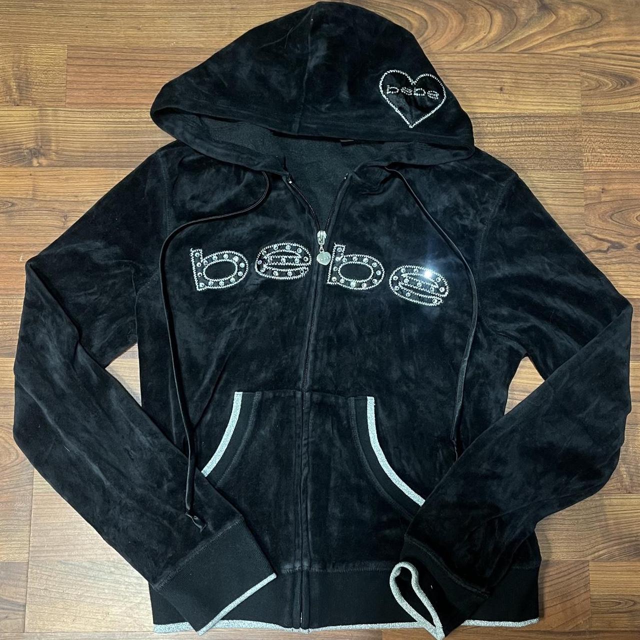Y2K BEBE velour black zip up🖤 blingy heart... - Depop