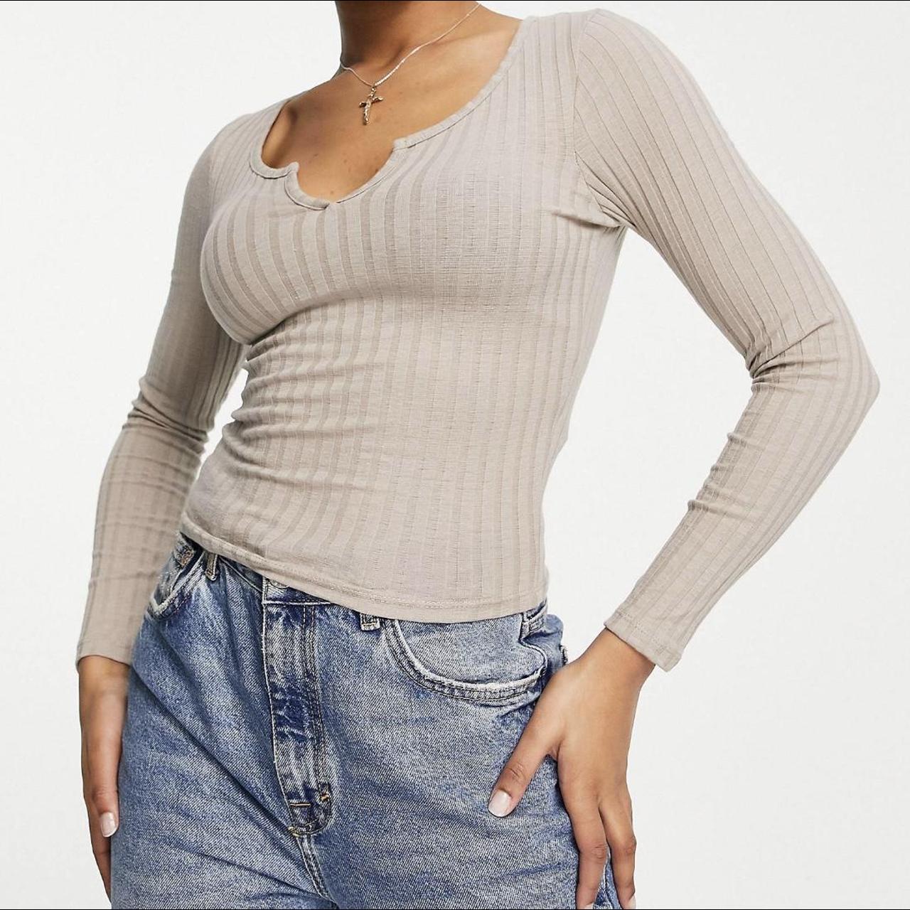 New Look notch neck ribbed long sleeve stone mink... - Depop