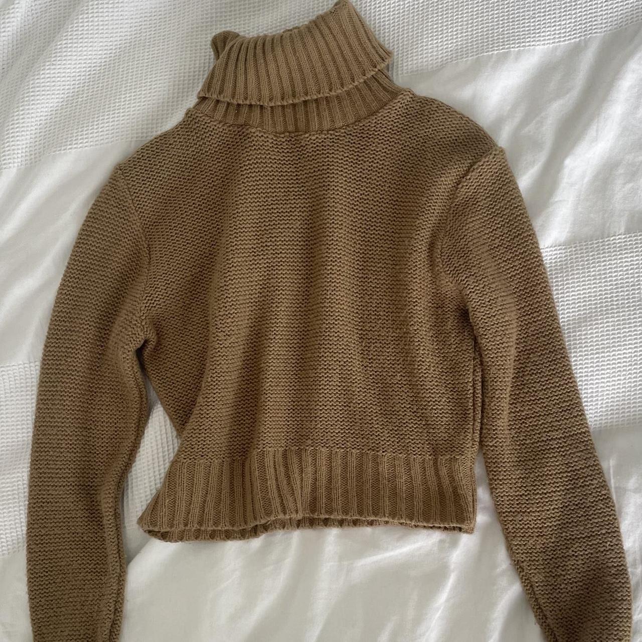 brown/khaki knitted turtleneck jumper size... - Depop