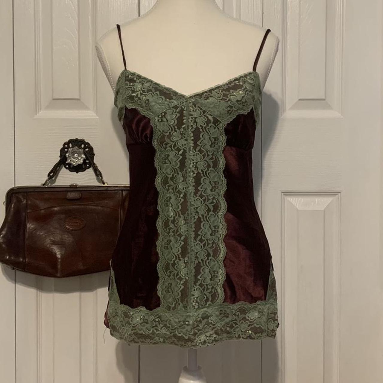 xi dark purple and green lace slip tank top pit... | Depop