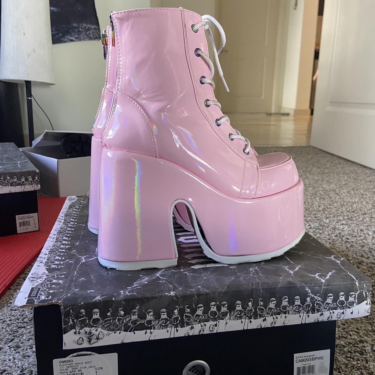 demonia camel-203 pink holographic platform boots